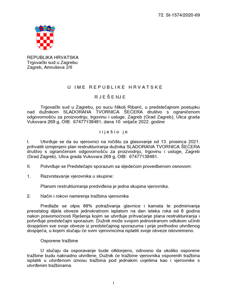 Rješenje o Potvrdi Predstečajnog Sporazuma | PDF