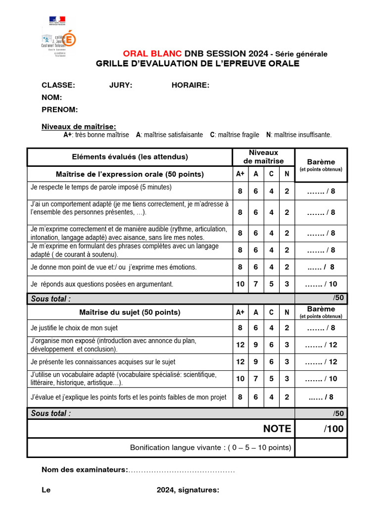 Grille d'évaluation orale DNB 2024 | PDF