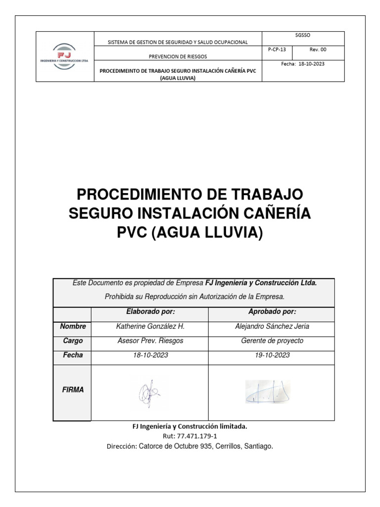 P-CP-13 Procedimiento de Trabajo Seguro Instalación Cañería de PVC (Agua Lluvia) | PDF ...