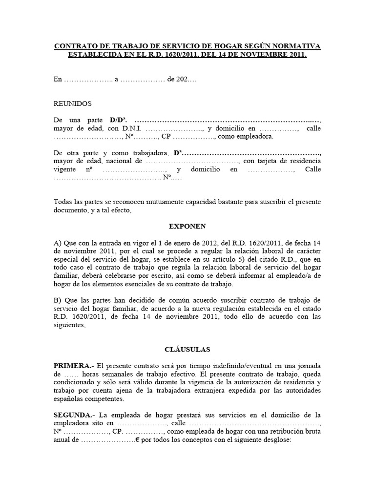 Modelo de Contrato Empleada de Hogar | PDF | Derecho laboral | Salario