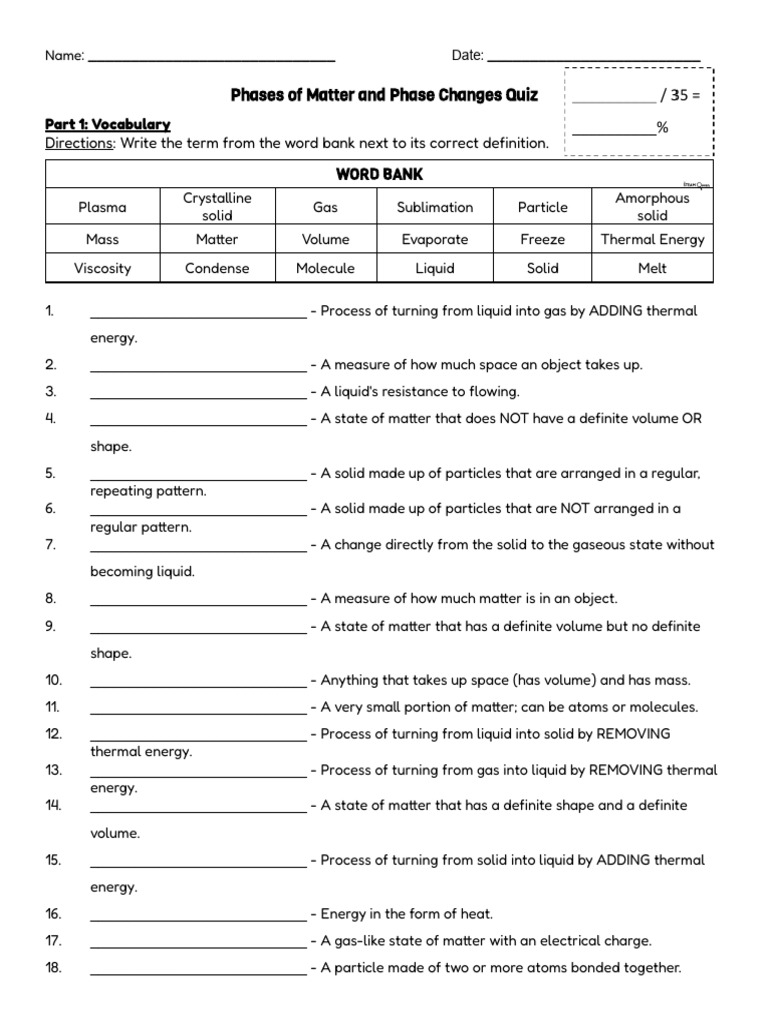 Phases of Matter and Phase Changes Quiz ONLY | PDF