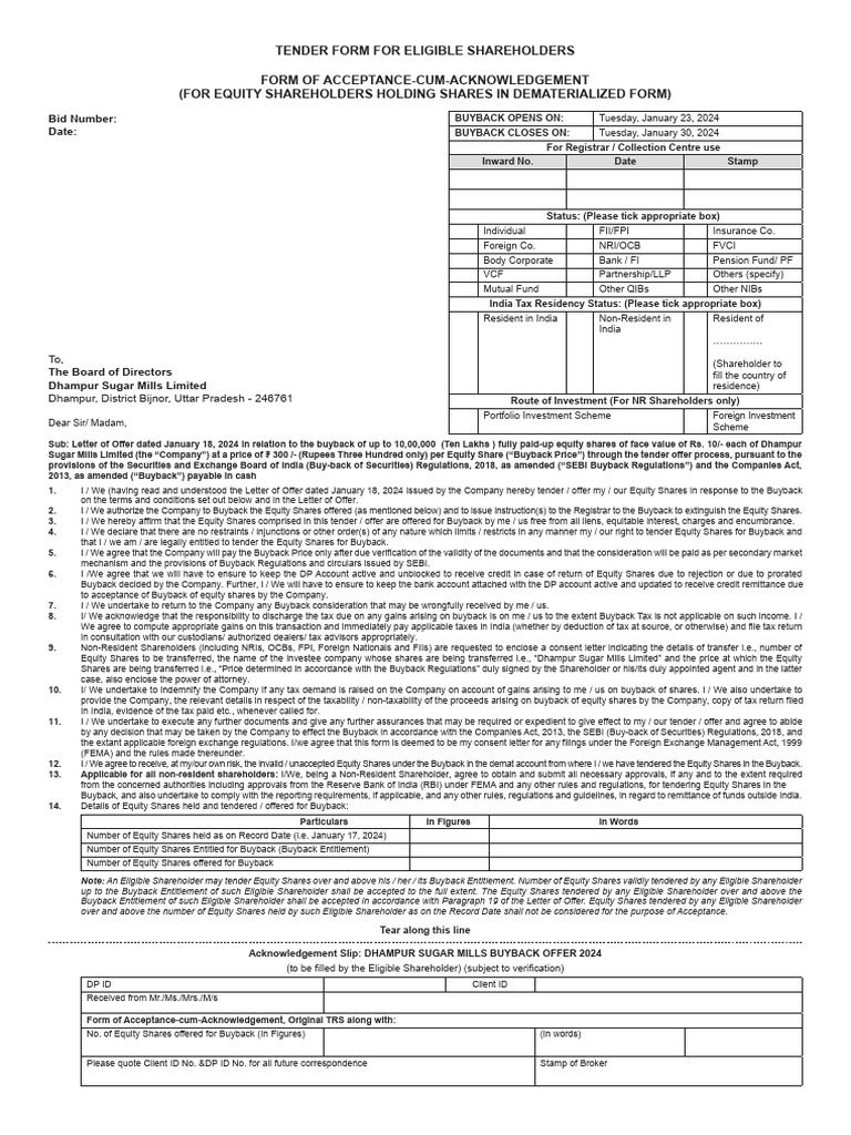 DSDSTender Form Demat | PDF | Share Repurchase | Stocks