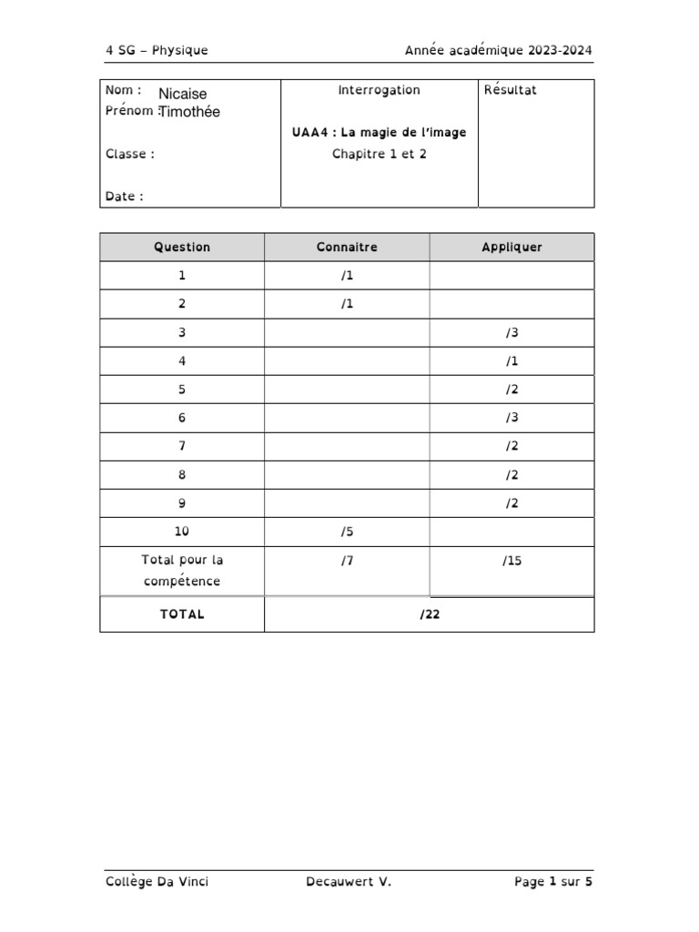 4 SG Physique - UAA4 Chap. 1 Et 2 Version A | PDF