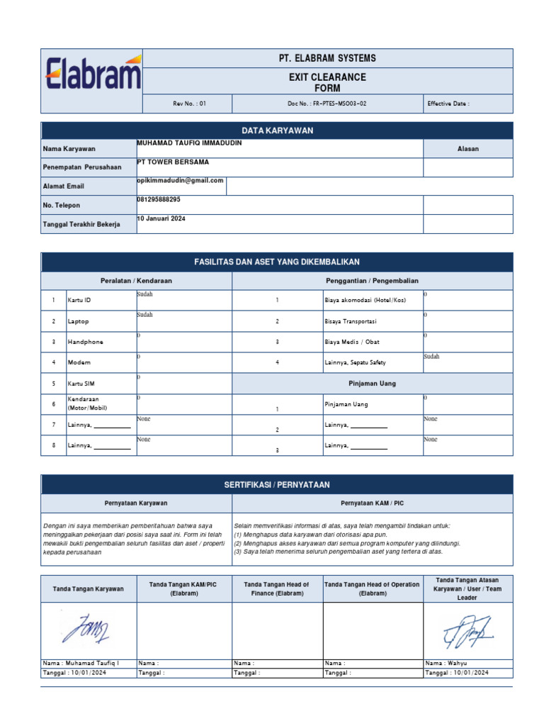 Formulir Exit Clearance Karyawan Elabram | PDF