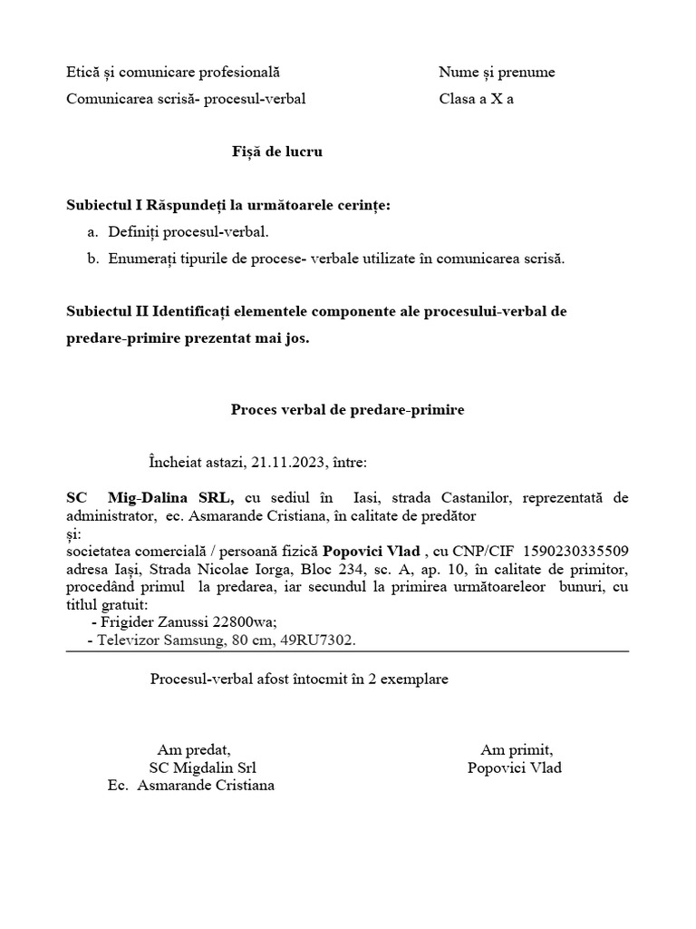 Proces Verbal Predare Primire Fisa de Lucru | PDF