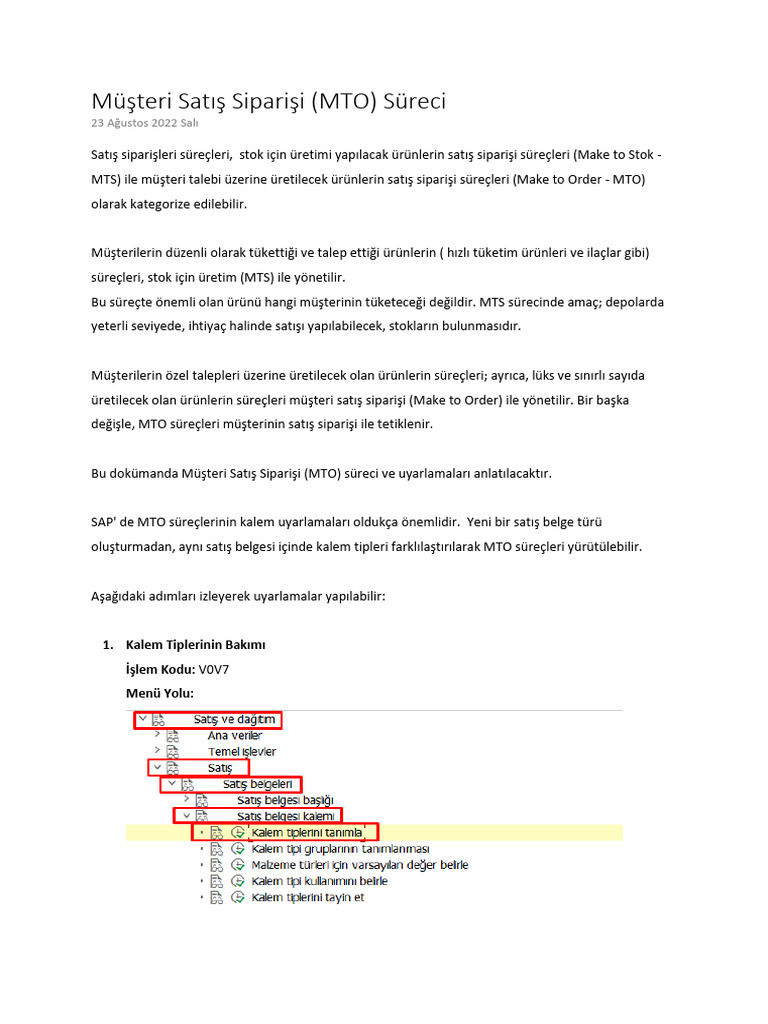 Müşteri Satış Siparişi (MTO) | PDF