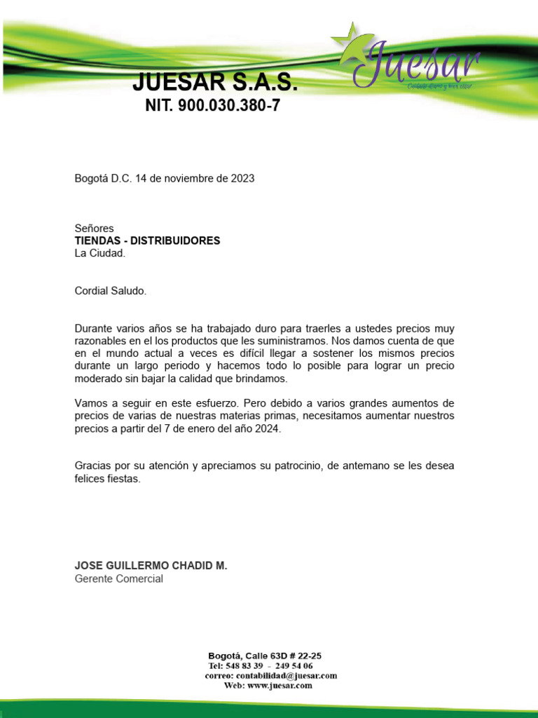 Carta Incremento Precios 2024 | PDF