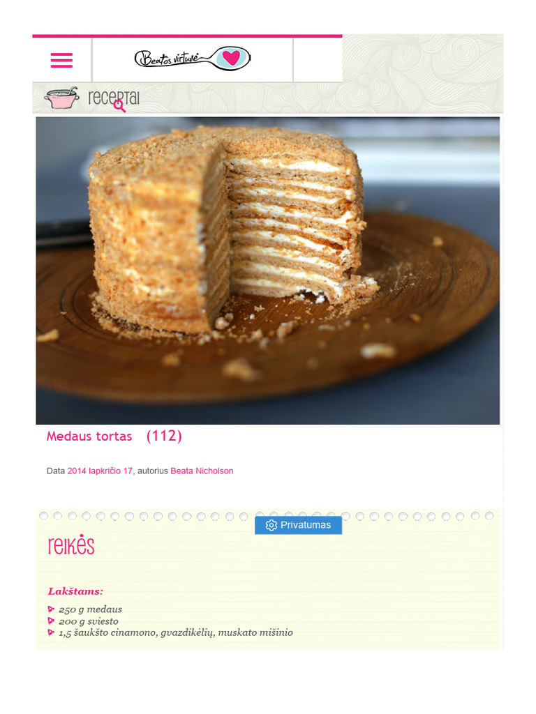 Medaus Tortas - Beatos Virtuvė | PDF