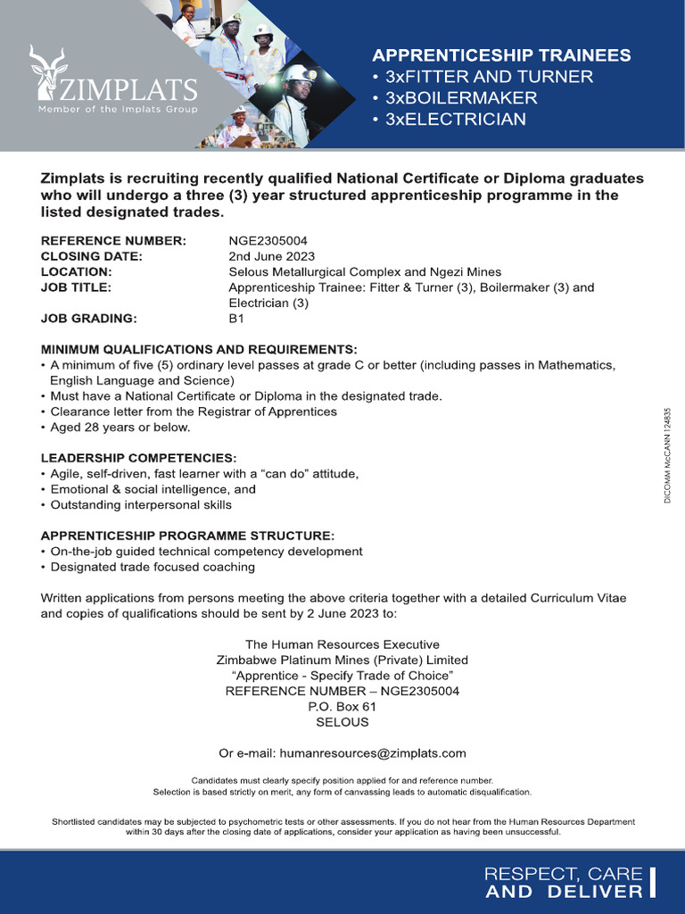 Zimplats Vacancy Adverts Apprenticeship Trainees | PDF