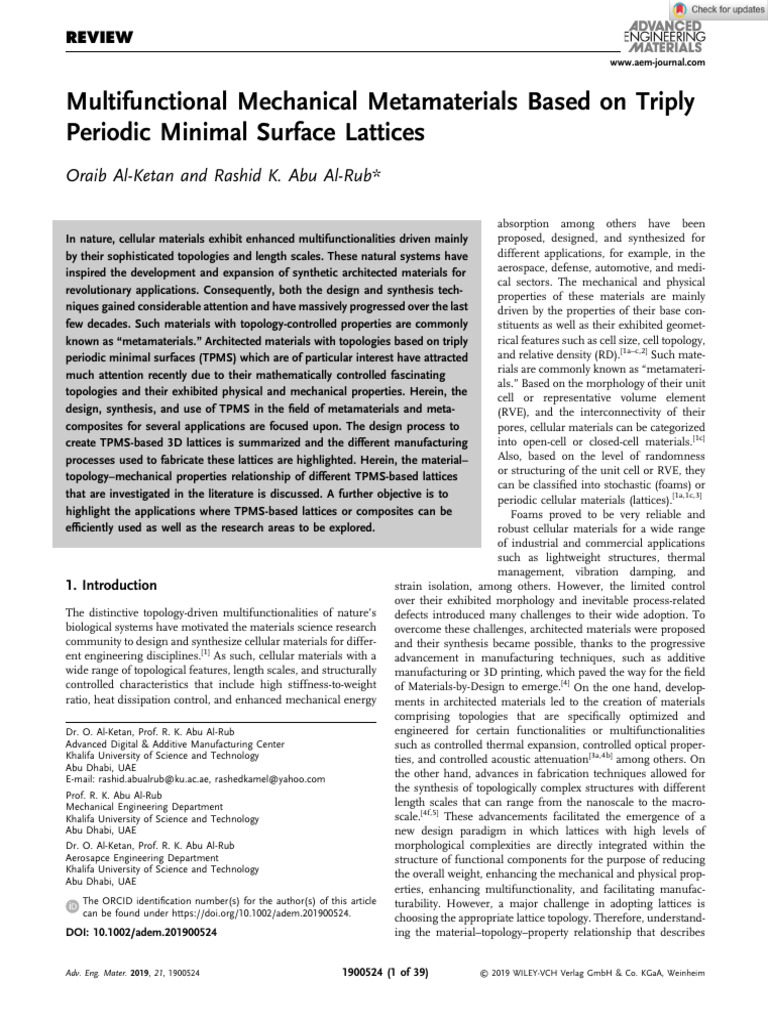 Adv Eng Mater - 2019 - Al-Ketan - Multifunctional Mechanical Metamaterials Based On Triply ...