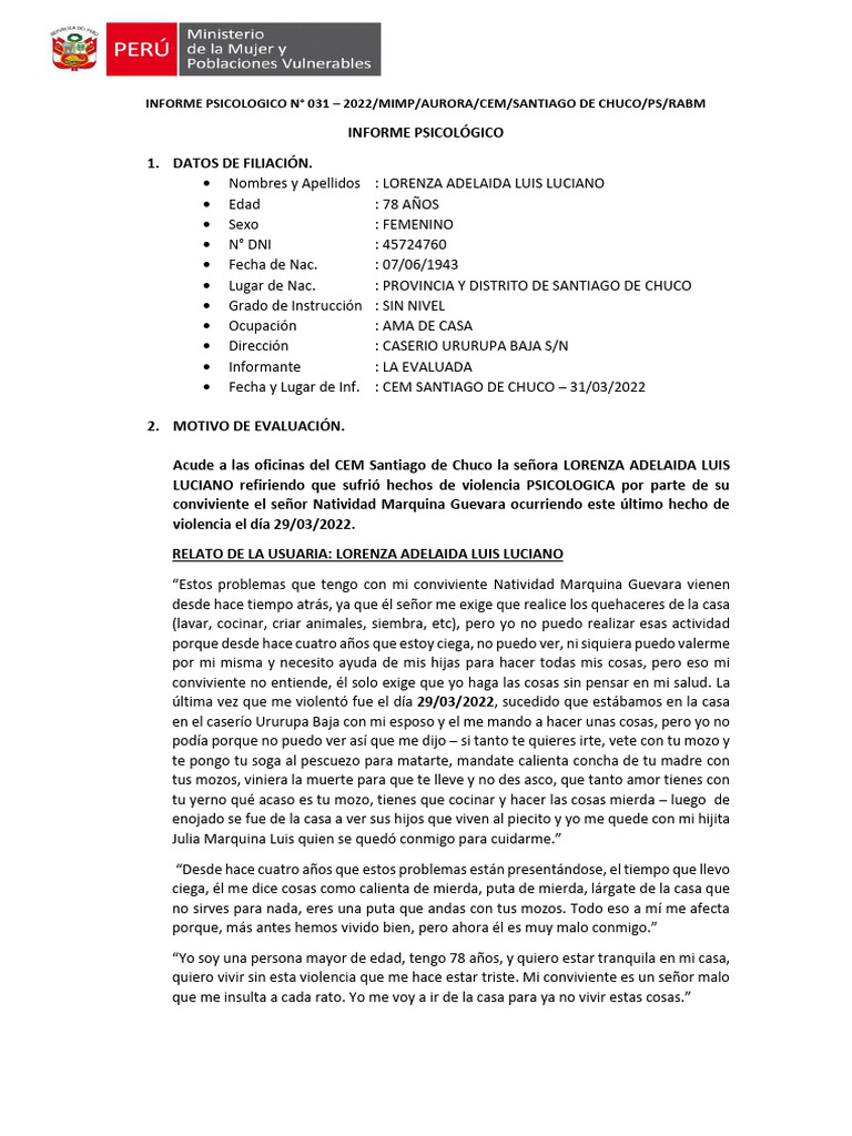 Informe Psicológico | PDF | Violencia | Ansiedad
