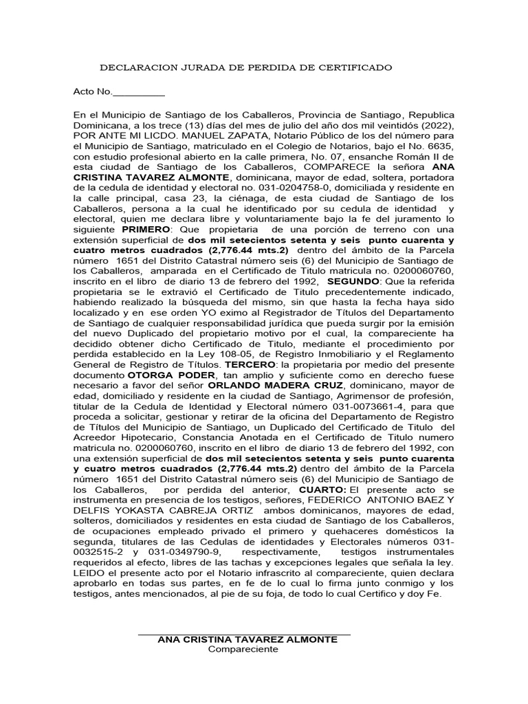 Declaracion Perdida de Certificado | PDF