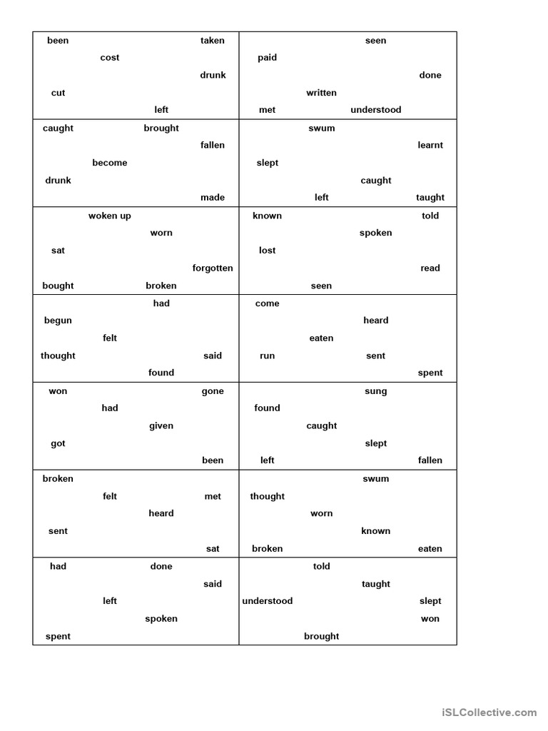 Bingo Game - Past Particple or Irregular Verbs | PDF