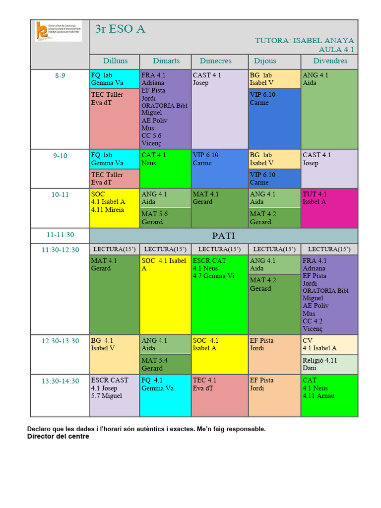 3rESOA: Tutora: Isabel Anaya AULA 4.1 Dilluns Dimarts Dimecres Dijous ...