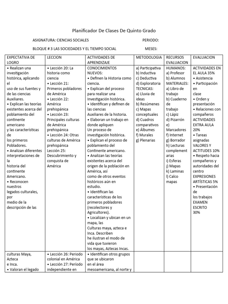 Planificador de Clases de Quinto Grado | PDF | Américas | Centroamérica