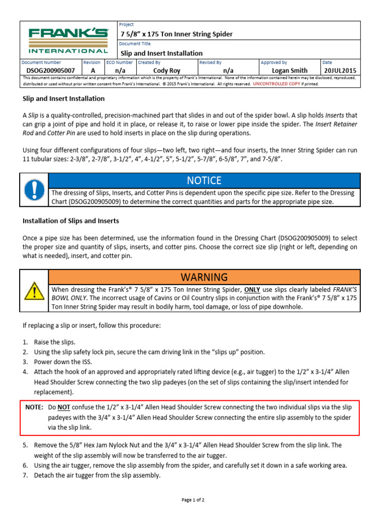 DSOG200905007 Slips and Insert Installation | PDF