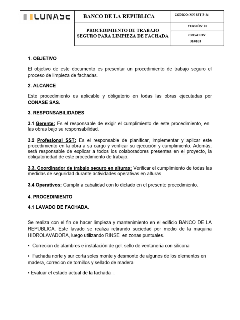 MN SST P 24 Procedimiento de Trabajo Seguro para Limpieza de Fachada | PDF