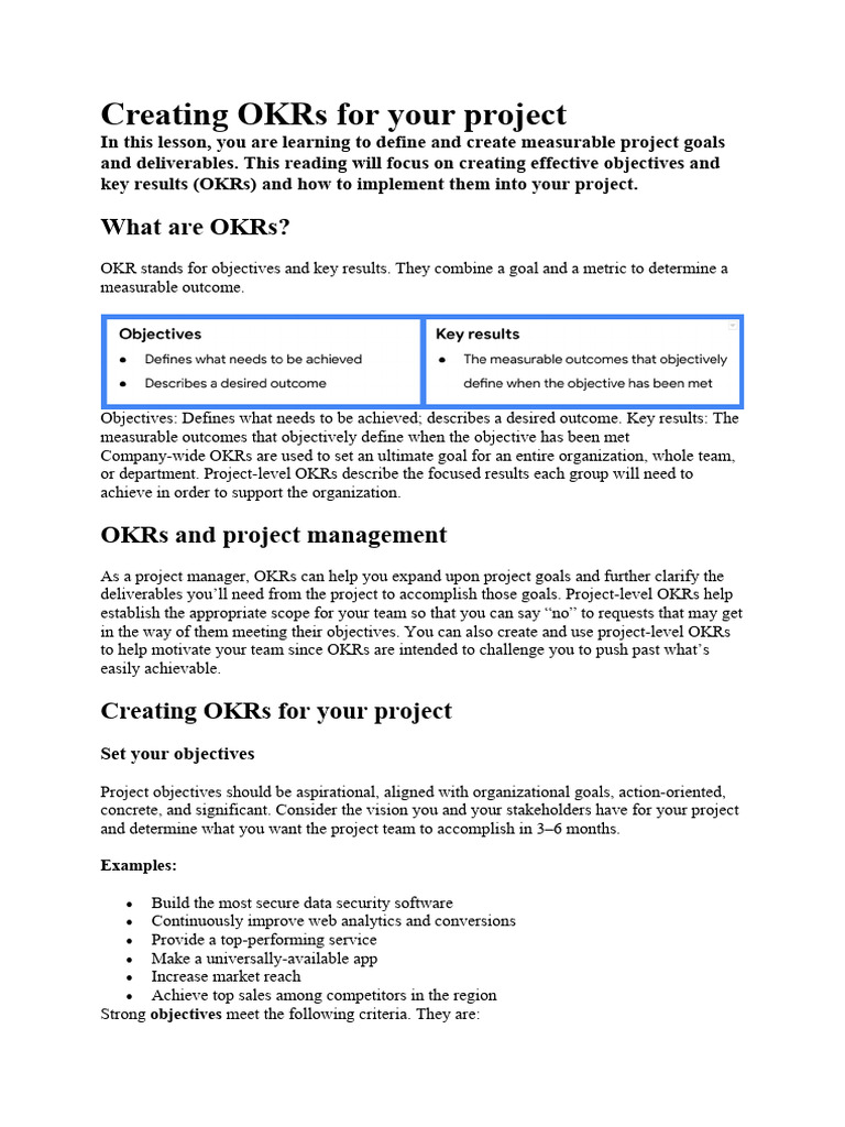 Creating OKRs For Your Project | PDF | Finance & Money Management