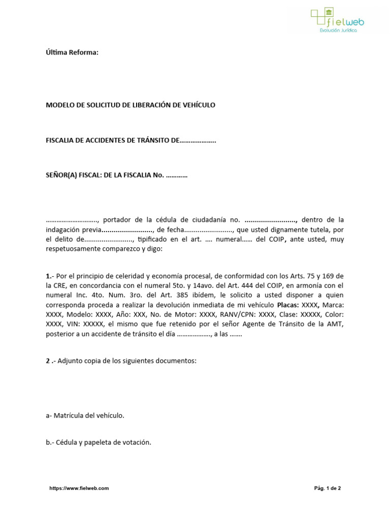 Modelo de Escrito de Liberacion de Vehiculo | PDF