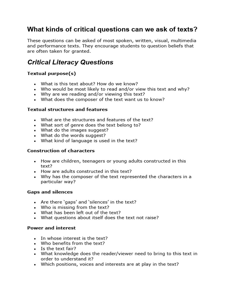 Critical Literacy Q's | PDF | Literacy | Writing