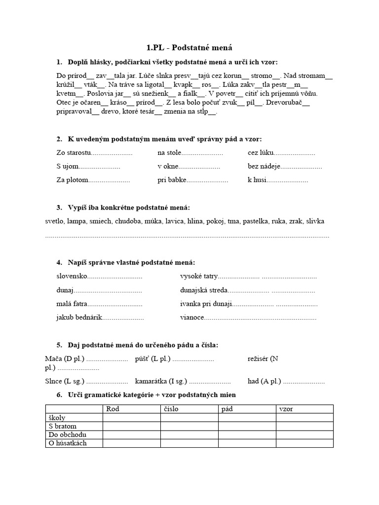 Pracovné Listy - Slovné Druhy | PDF