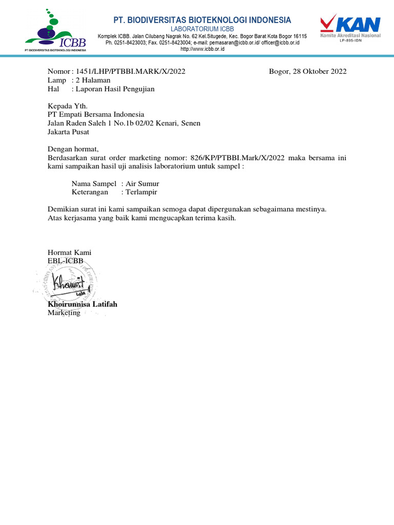 Laporan Uji Kualitas Air Sumur 2022 | PDF