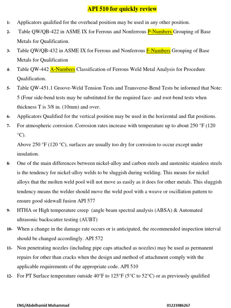 API 510 Quick Review Guide | PDF | Construction | Welding