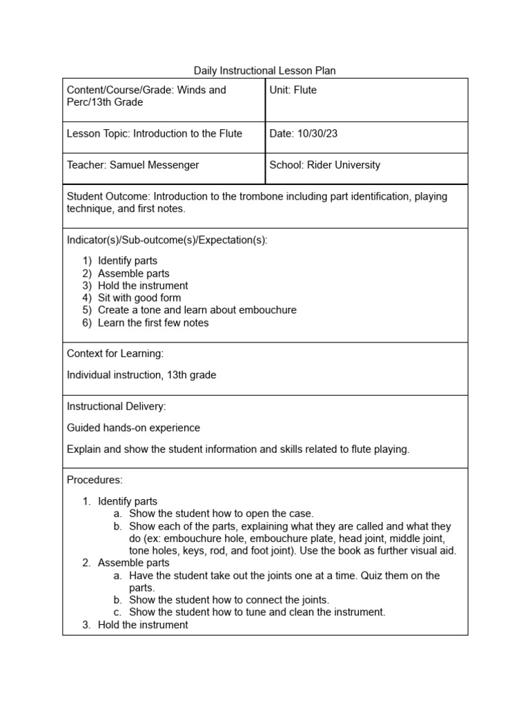Lesson Plan 3-2 | PDF | Flute | Lesson Plan