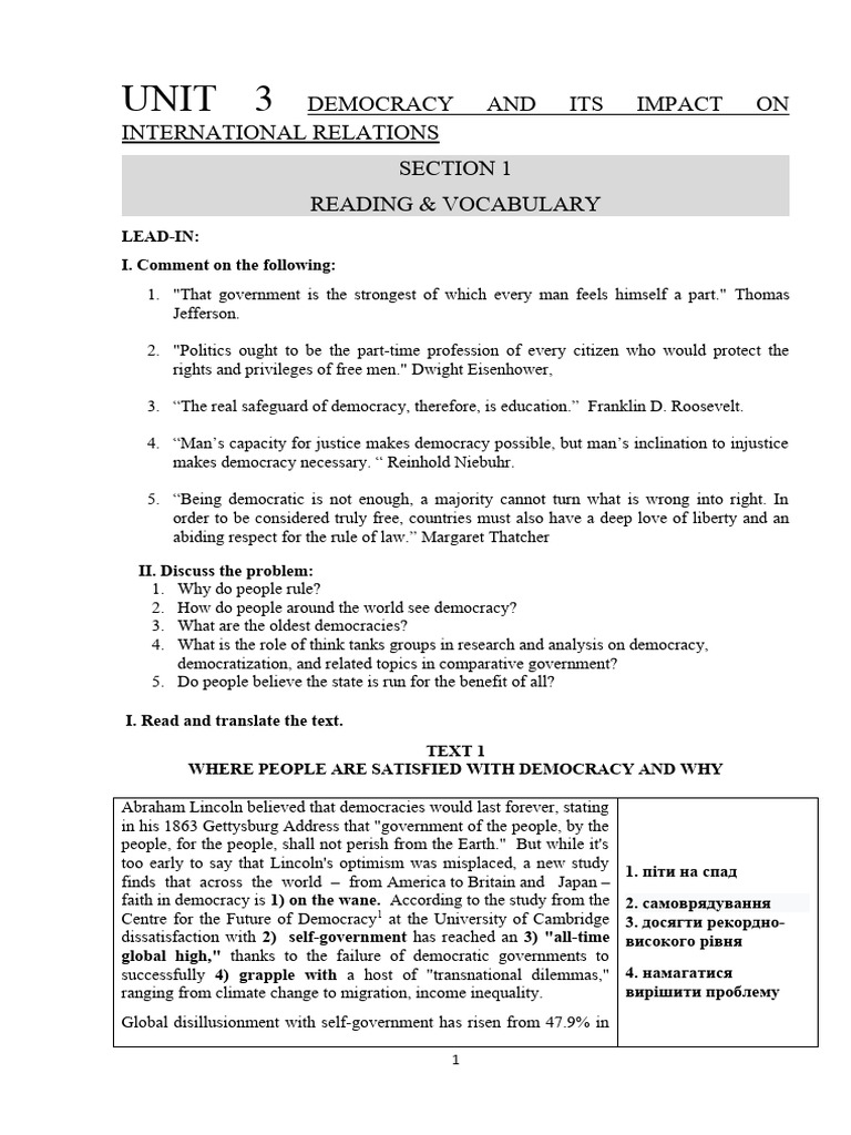 Unit 3: Democracy and Its Impact On International Relations Section 1 ...