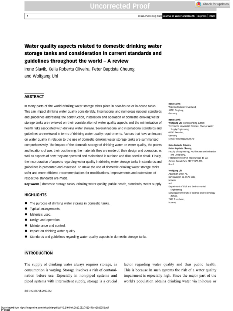 Water Quality Aspects Related To Domestic Drinking Water | PDF