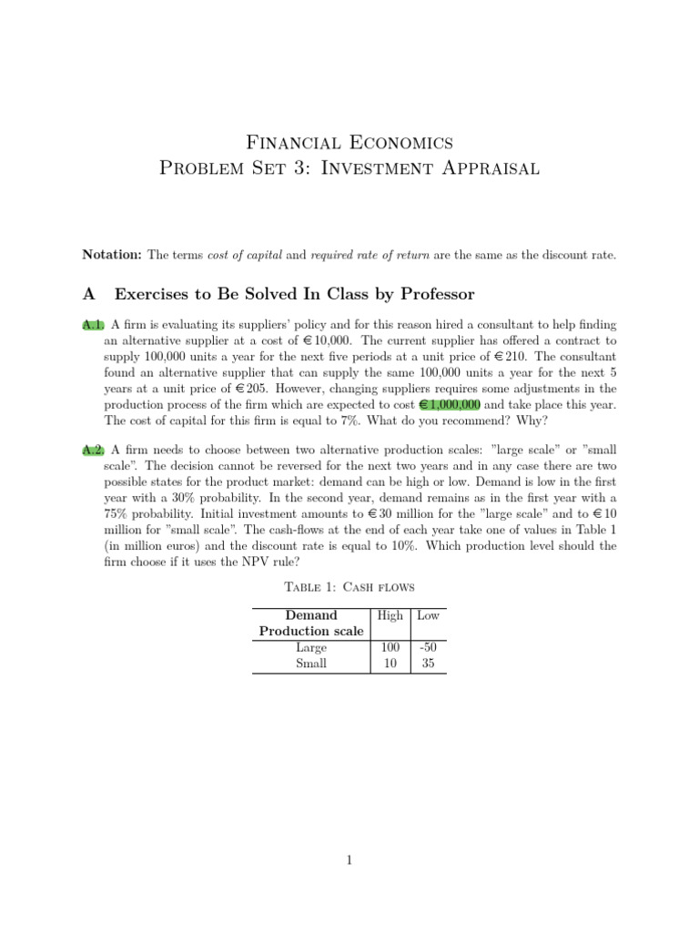 Financial Economics Problem Set 3: Investment Appraisal: A Exercises To ...