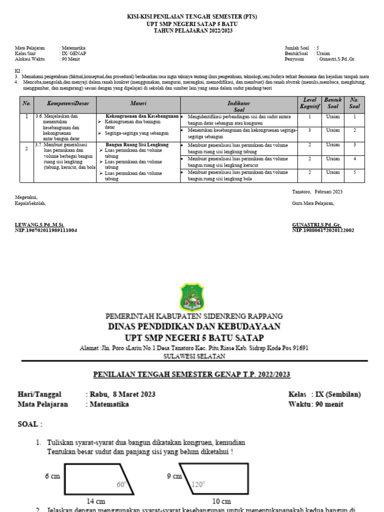 Kisi-Kisi PTS Matematika Kelas IX | PDF