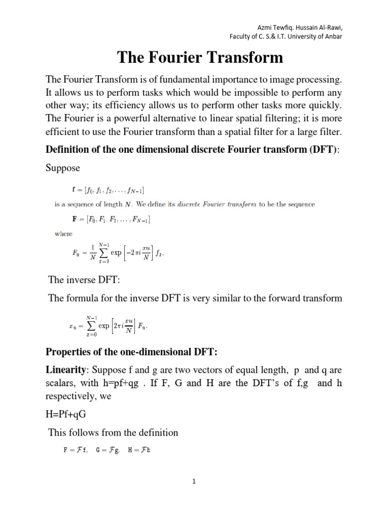 Definition of The One Dimensional Discrete Fourier Transform (DFT) | PDF | Discrete Fourier ...