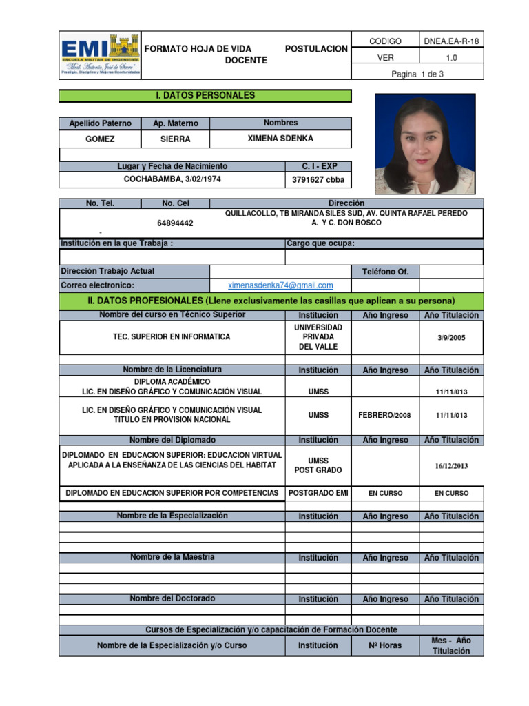 HOJA DE VIDA - Tecnológico - EMI 2024 XIMENA GOMEZ SIERRA | PDF