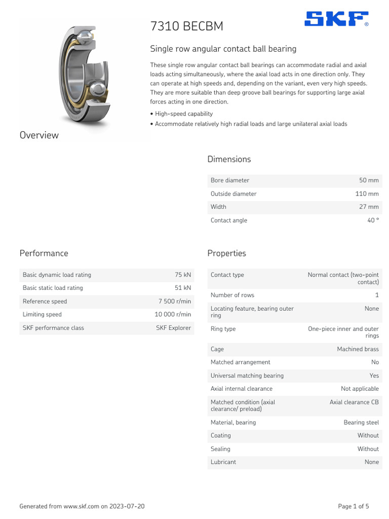 SKF 7310 BECBM Specification | PDF