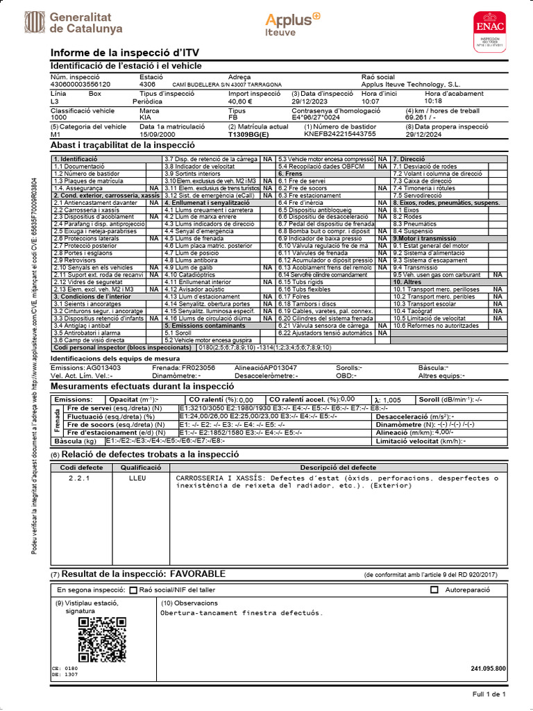 Informe ITV 2023 Kia Shuma | PDF