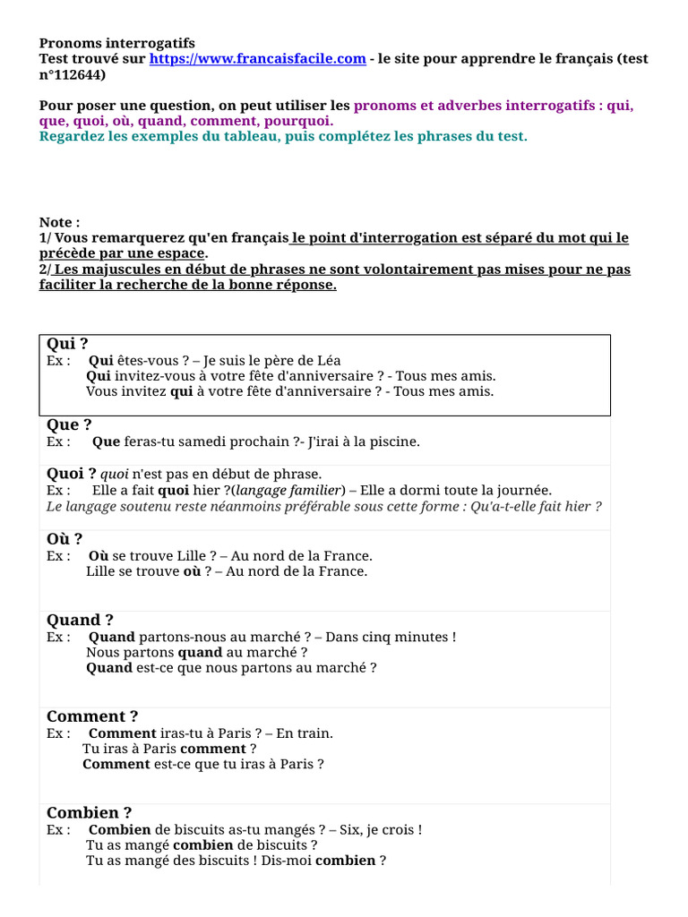 Pronoms Interrogatifs | PDF