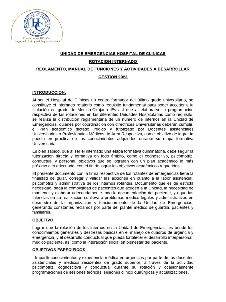 Reglemento Manual de Funciones Internado Emergencias | PDF | Hospital | Historial médico