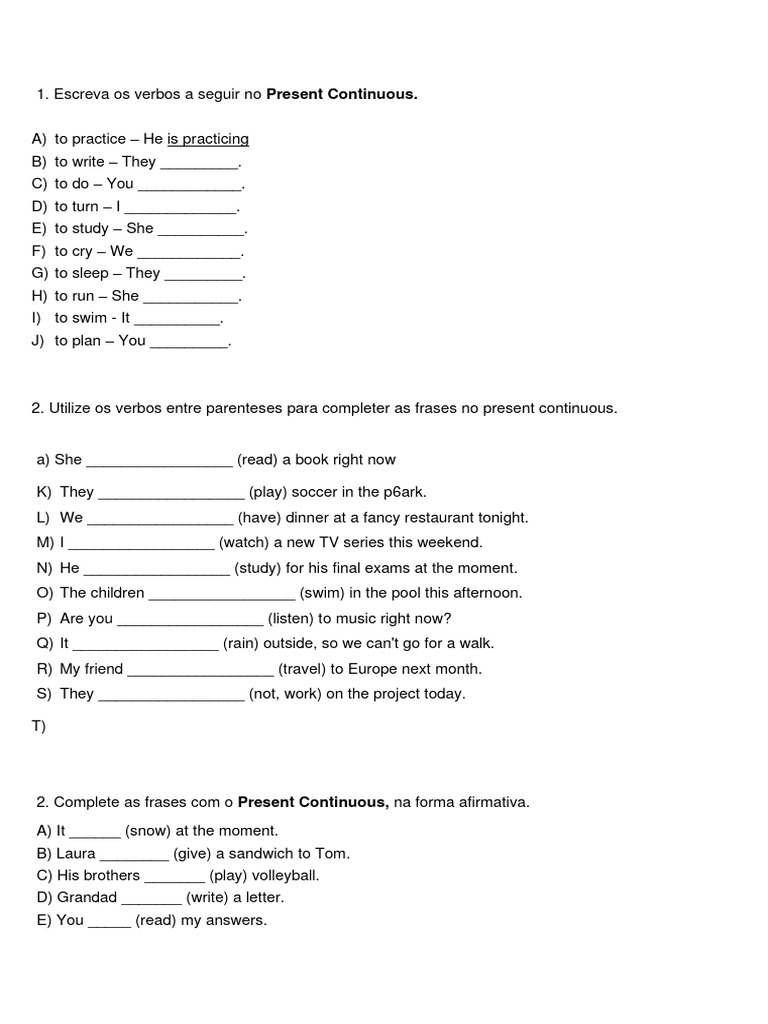Exercícios Present Continuous 1 | PDF
