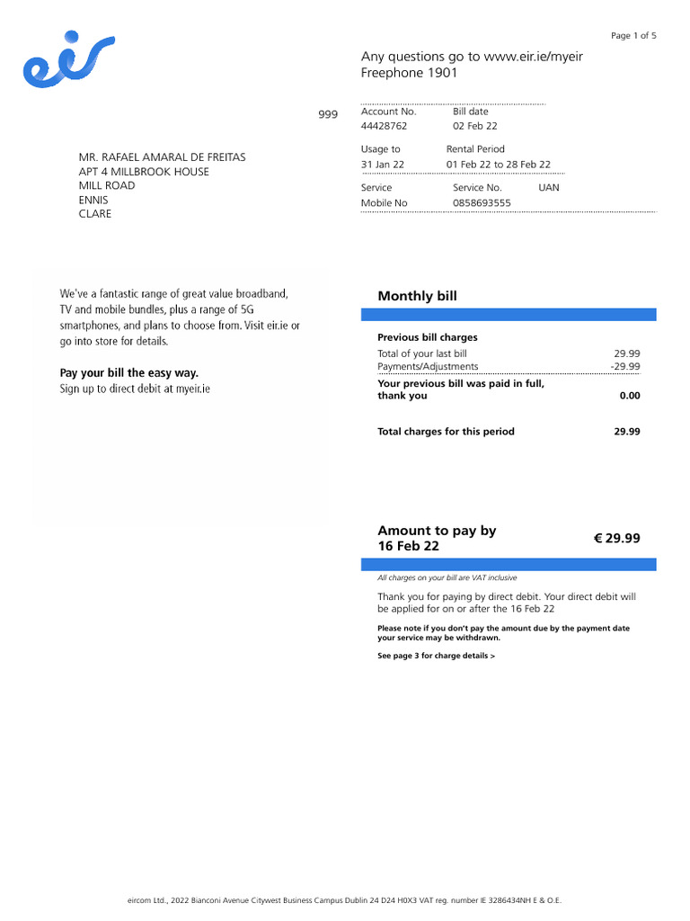 Eir Monthly Bill Summary - Feb 2022 | PDF | Discounting | Financial ...