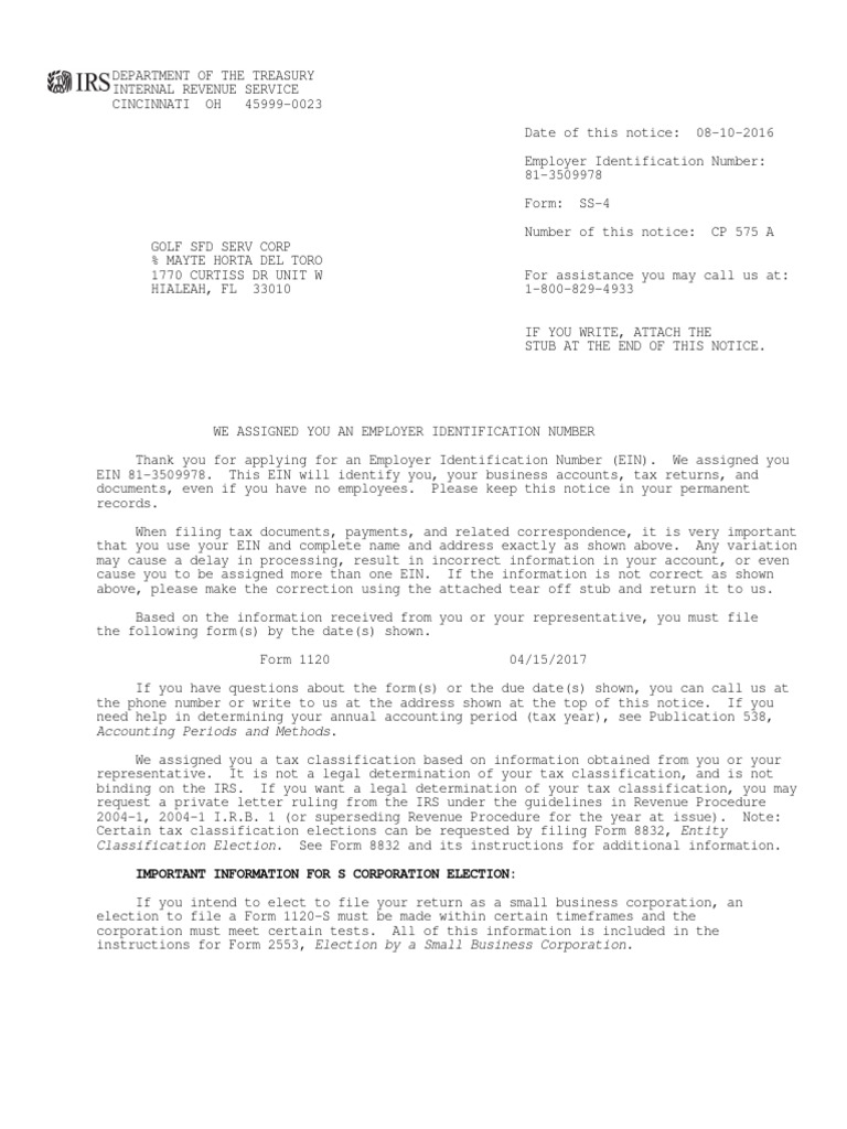 IRS EIN Assignment Notice for Golf SFD | PDF
