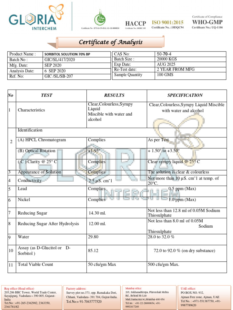 Coa Sorbitol-70-Liquid | PDF | Chemical Substances | Physical Sciences