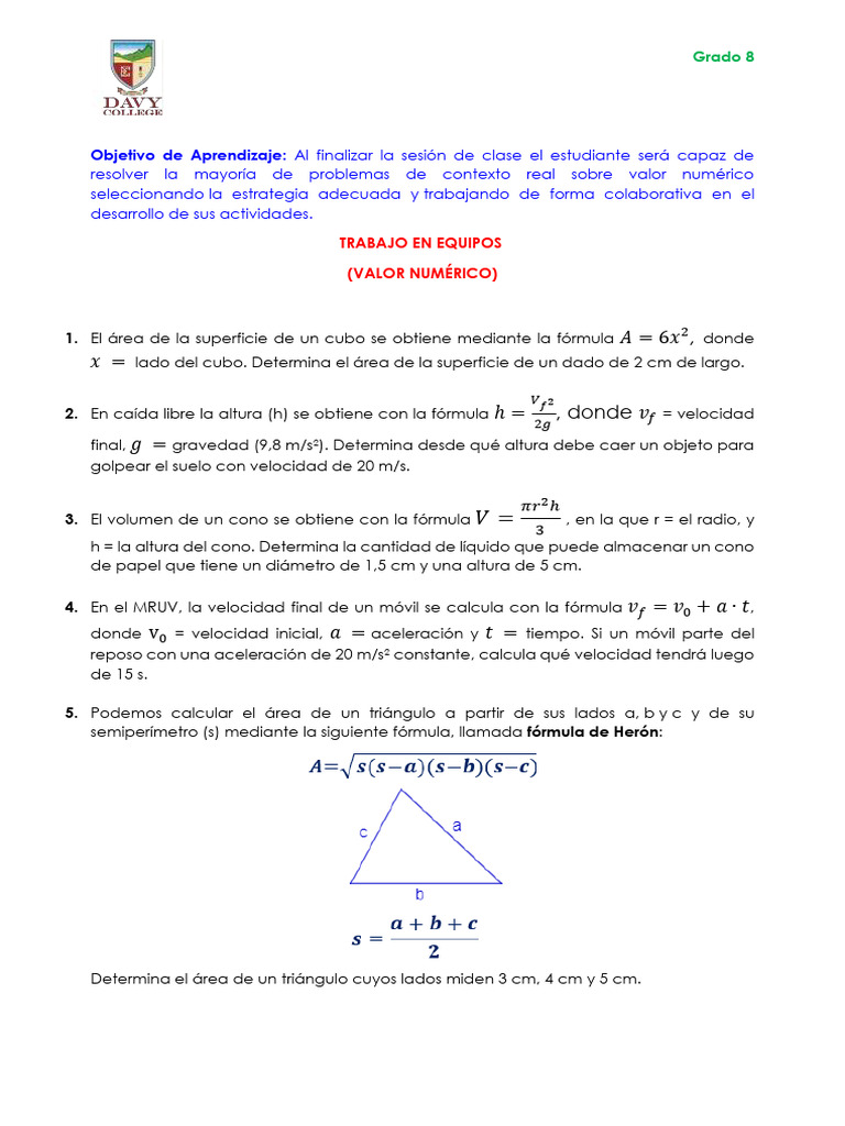 g8 - Valor Numérico - Fórmulas - Trabajo en Equipos | PDF | Velocidad | Triángulo