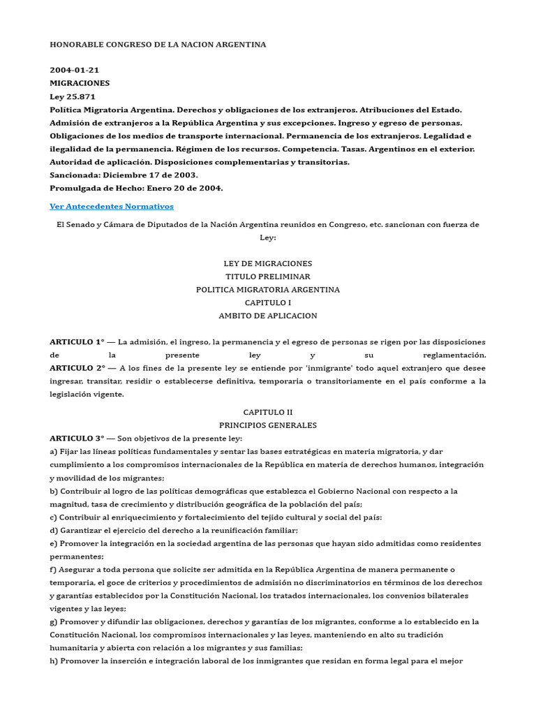 Ley Migratoria Argentina 25.871 | PDF | Multa (pena) | Migración humana
