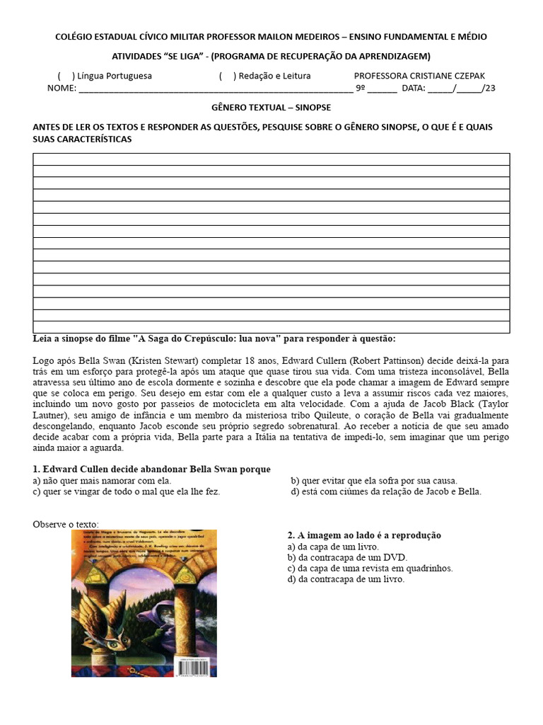 1 ATIV. 9º ANO - Sinopse C Gab | PDF