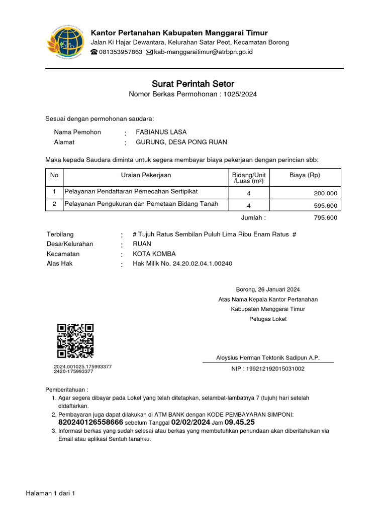 Surat Perintah Setor BPN 2024 | PDF
