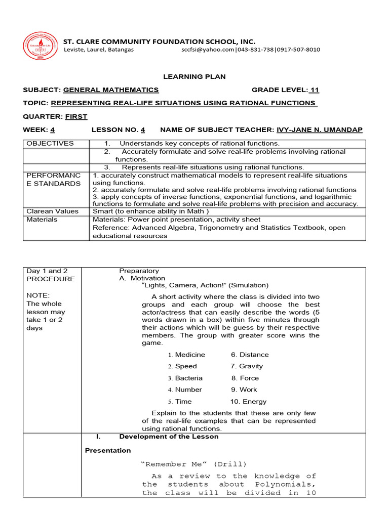 General Math Learning Plan: Rational Functions | PDF | Computers