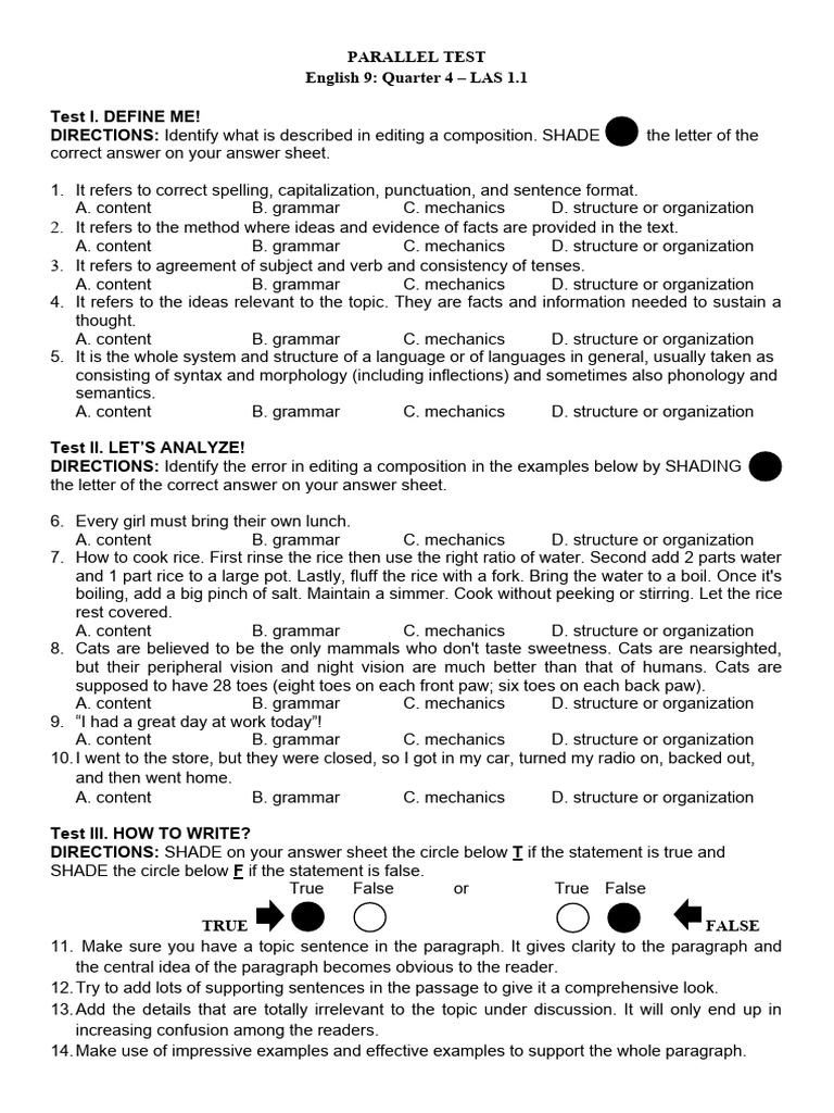 Grade 9 Parallel Test LAS 1 3 | PDF