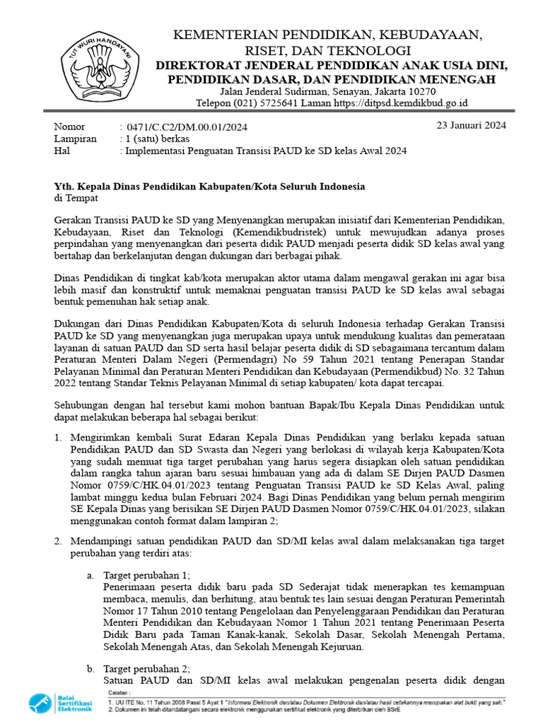 Surat Pemberitahuan Dirjen PDM Terkait Penguatan Implementasi Gerakan Transisi PAUD-SD | PDF