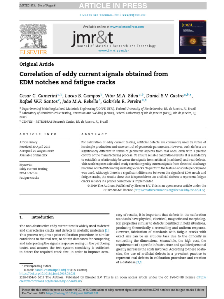 Correlation Of Eddy Current Signals Obtained From Edm Notches And Fatigue Cracks Pdf 